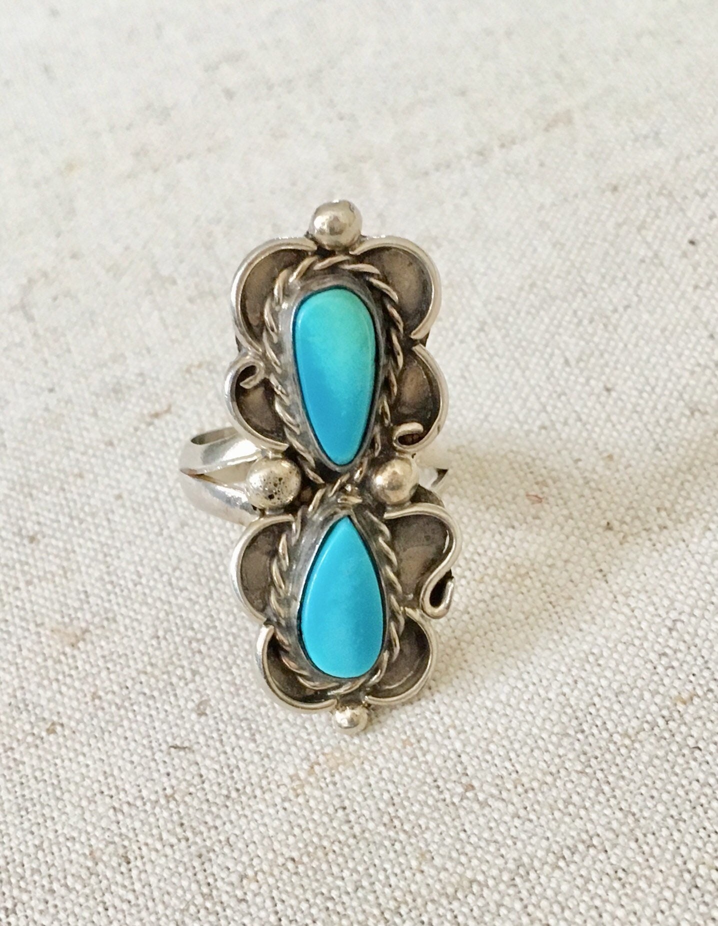 Long Turquoise Ring Sterling Silver Vintage 70's Native American Navajo ...