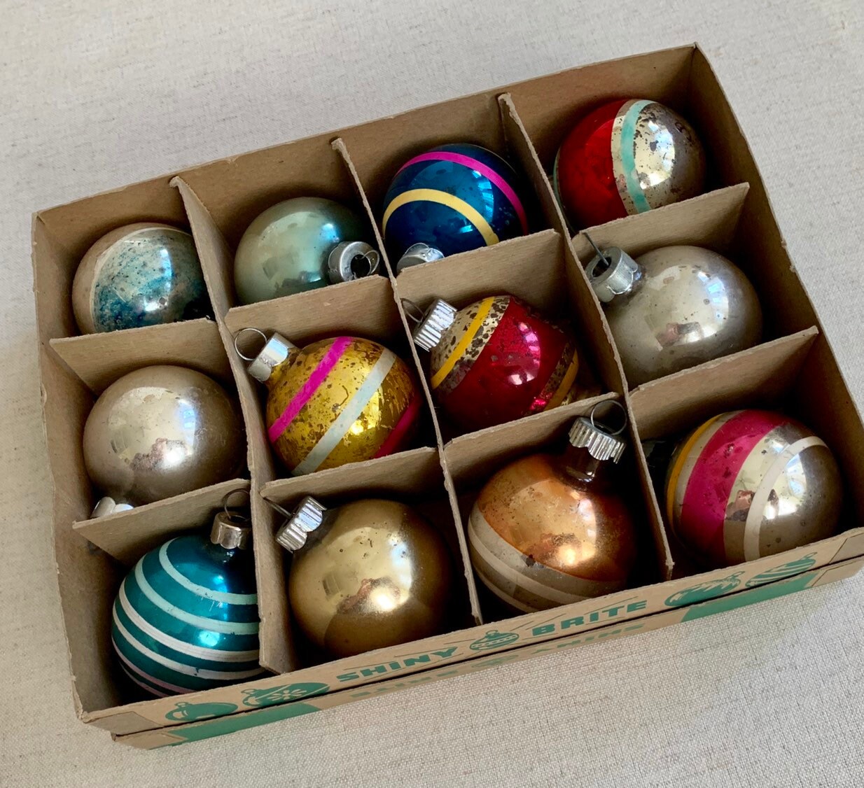 Small Shiny Brite Ornaments Glass Bulbs Lot of 12 in Box Striped Silver ...