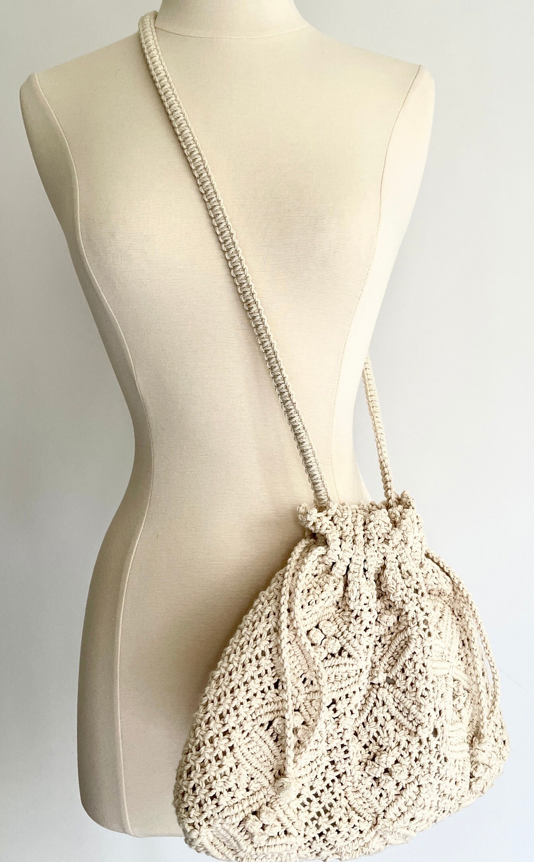 80s Macrame Drawstring Bag Crossbody Purse Vintage Bass Made in ...