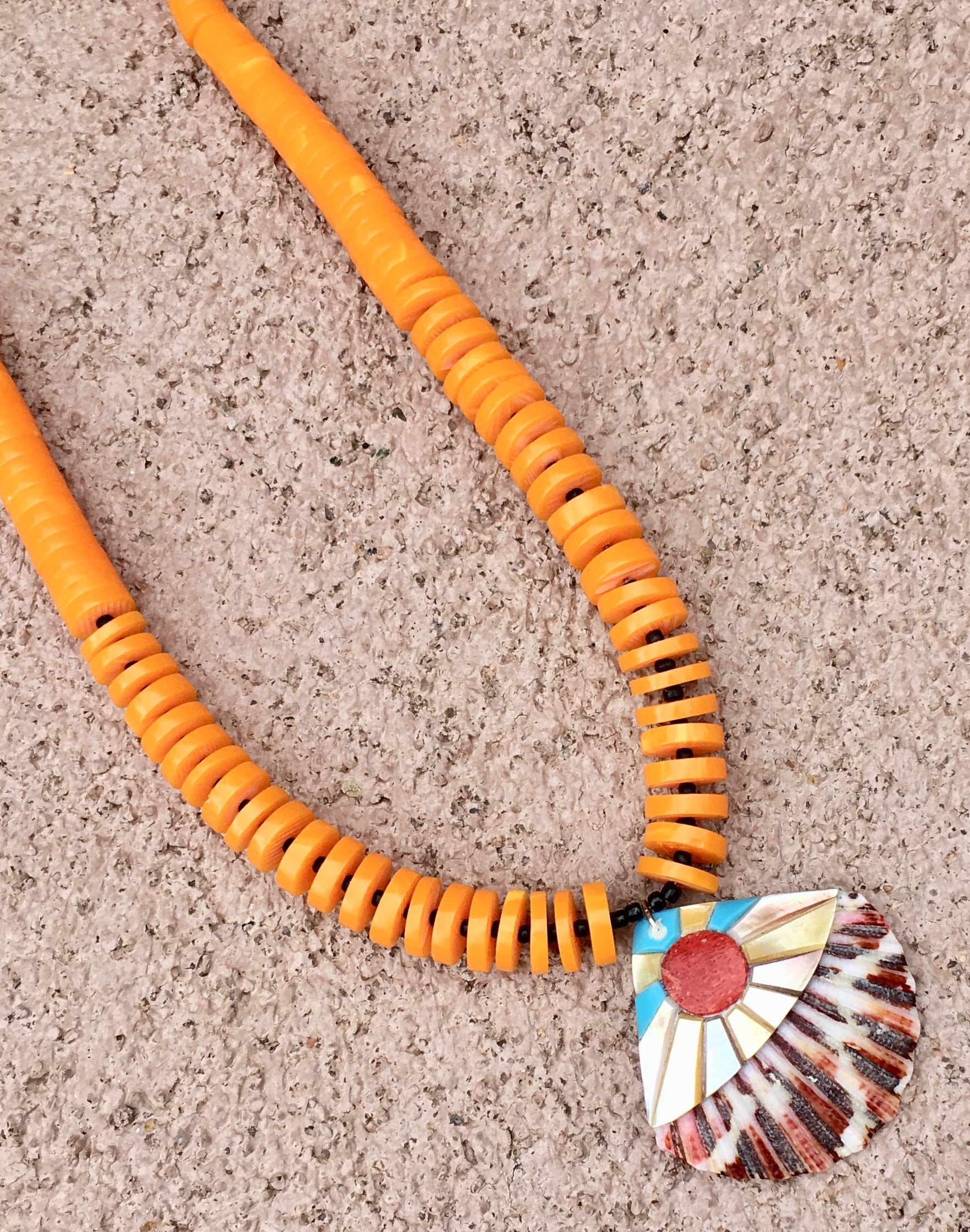 Turquoise Inlay Shell Necklace Handmade Vintage Native American Orange ...