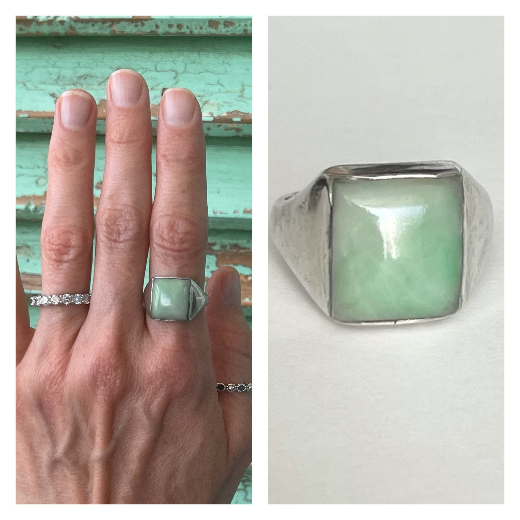 Sterling Silver Signet Ring Milky Green Stone Possibly Jade Vintage ...