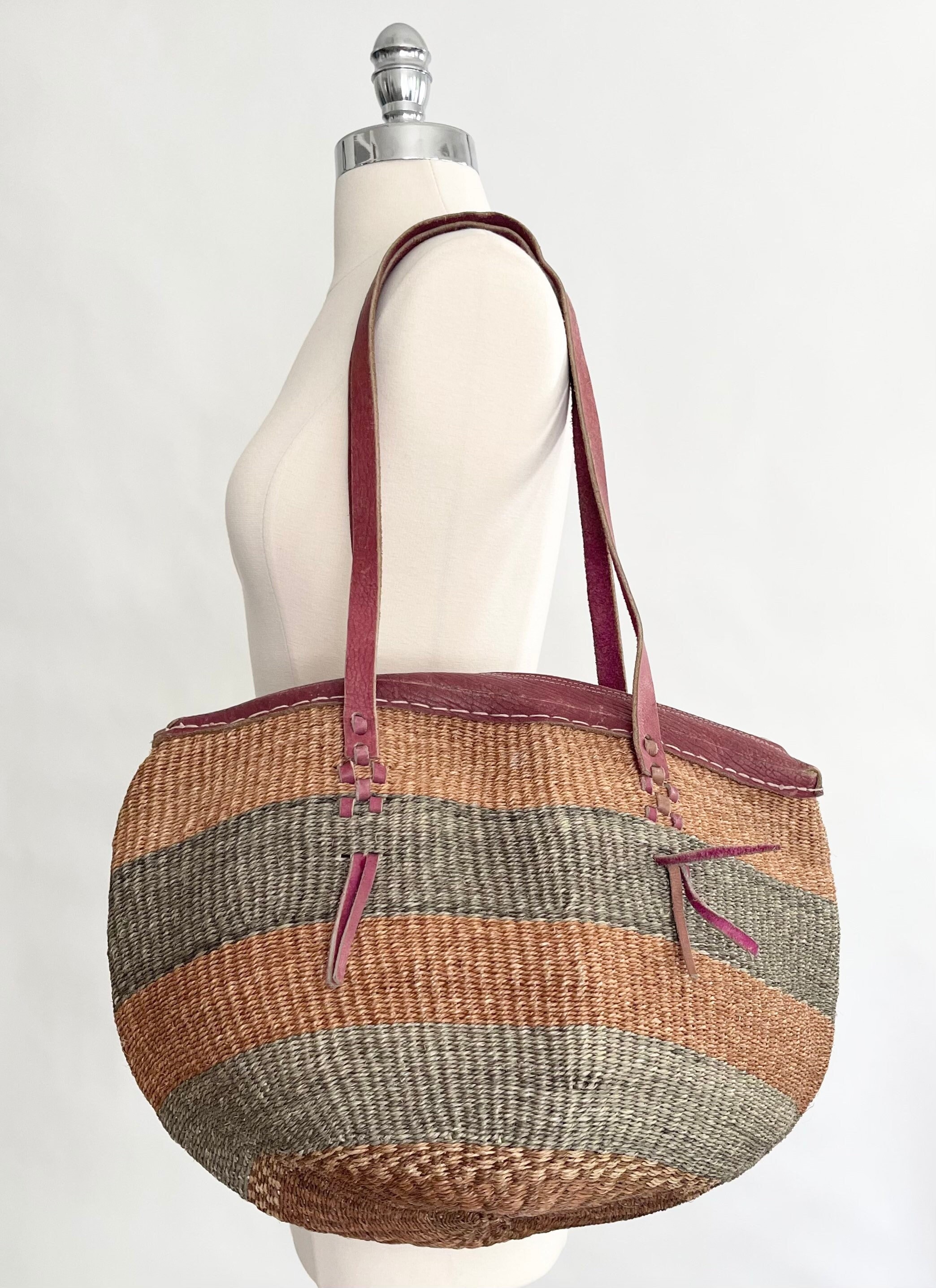 Large Sisal Market Bag Worn Dark Pink Leather Trim and Straps Vintage ...
