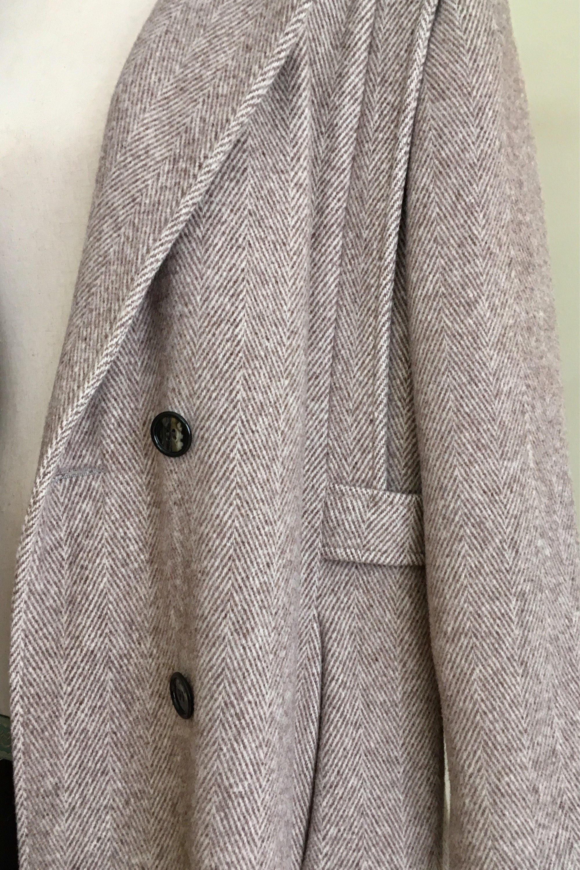 Long Herringbone Tweed Coat Beige Grey Gray Wool Coat Jacket Vintage