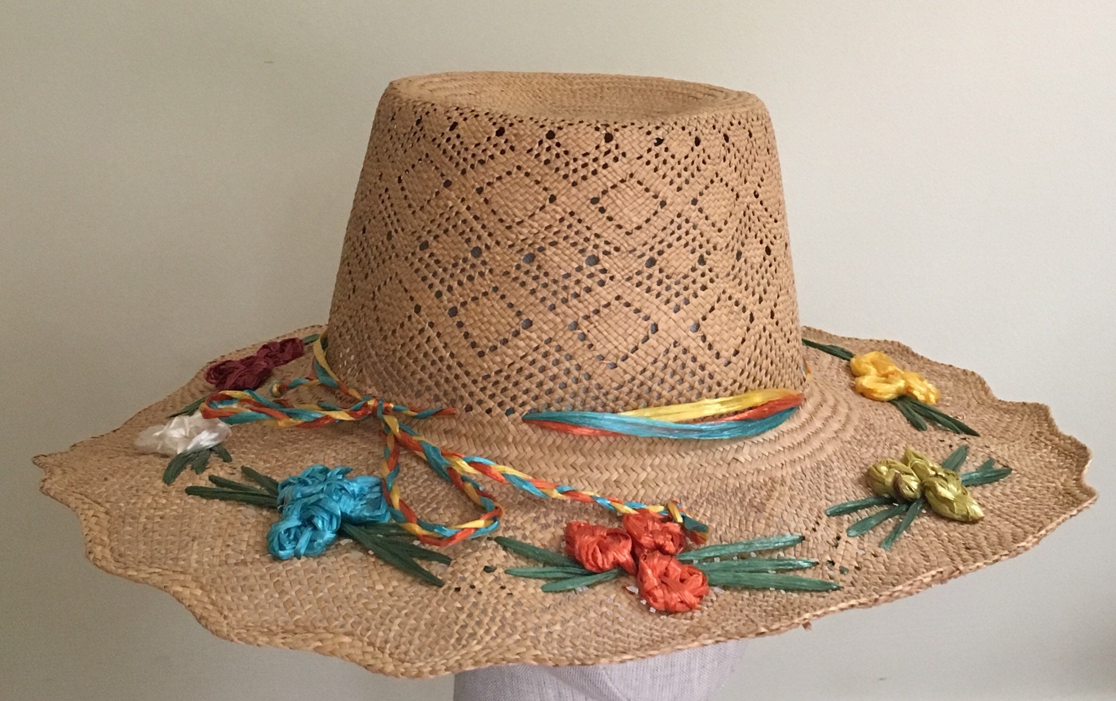 70s Mexican Straw Hat Vintage Sun Boho Beach Wide Brim Embroidered ...