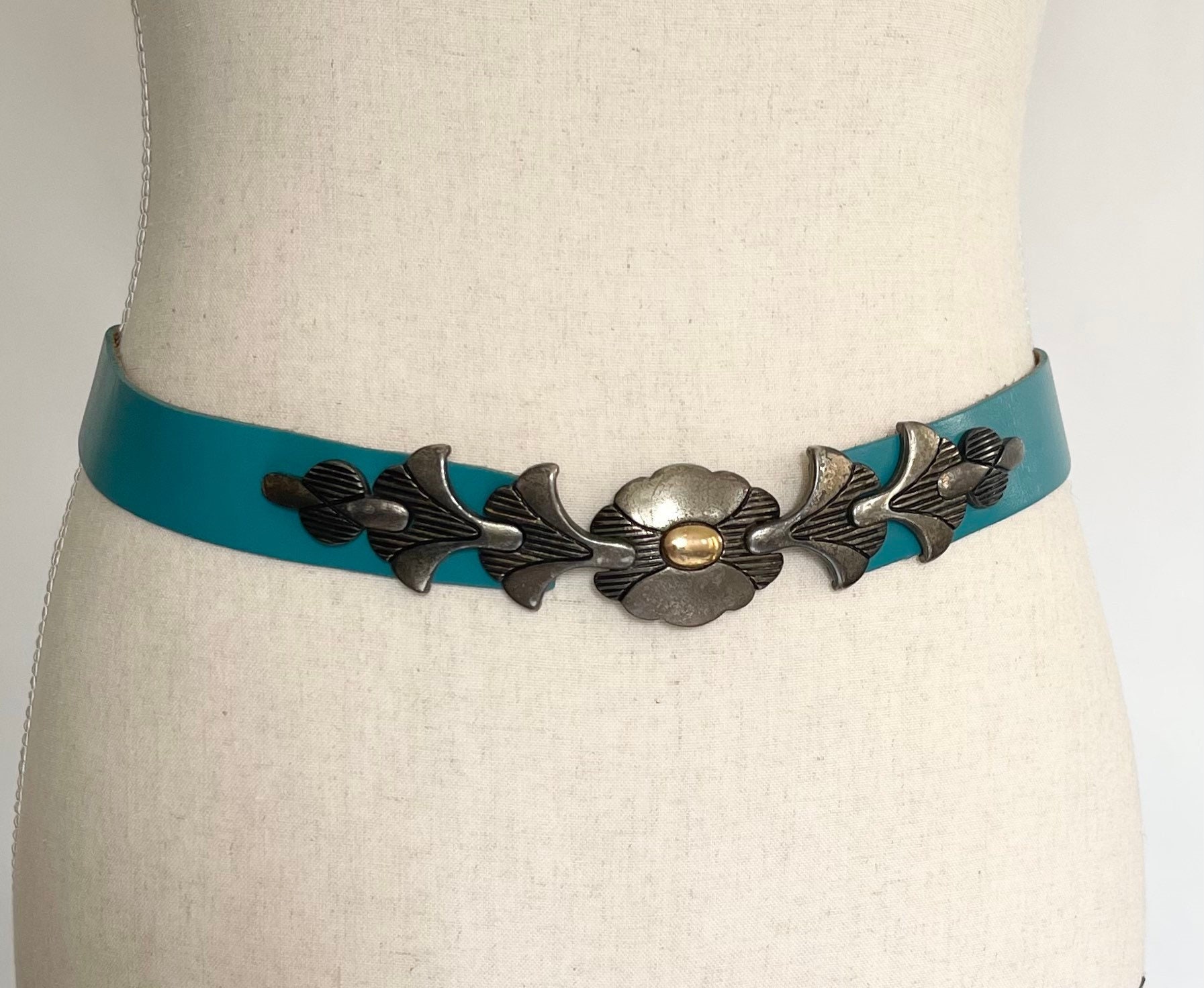Italian Turquoise Leather Belt Waist Belt Made in Italy Silver Gold ...