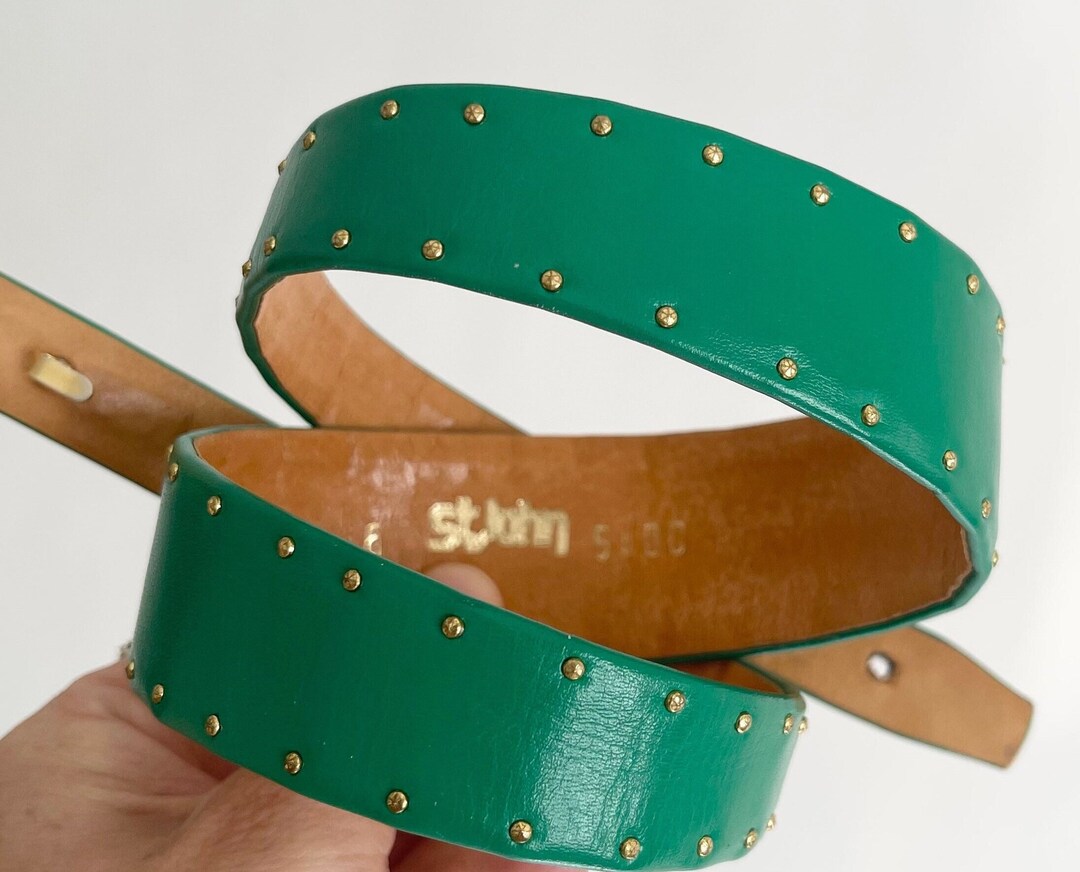 Studded St. John Belt Waist Belt Vintage 80s Designer Belts Soft Green Leather Tiny Gold Brass ...