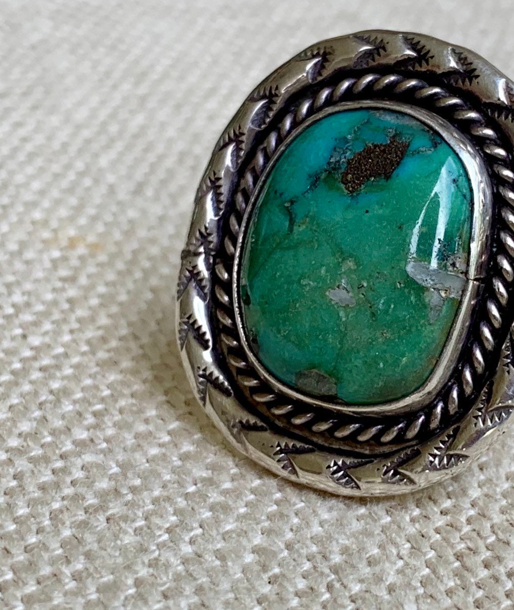 Stunning Old Turquoise Ring Hand Stamped Sterling Silver Vintage Native ...