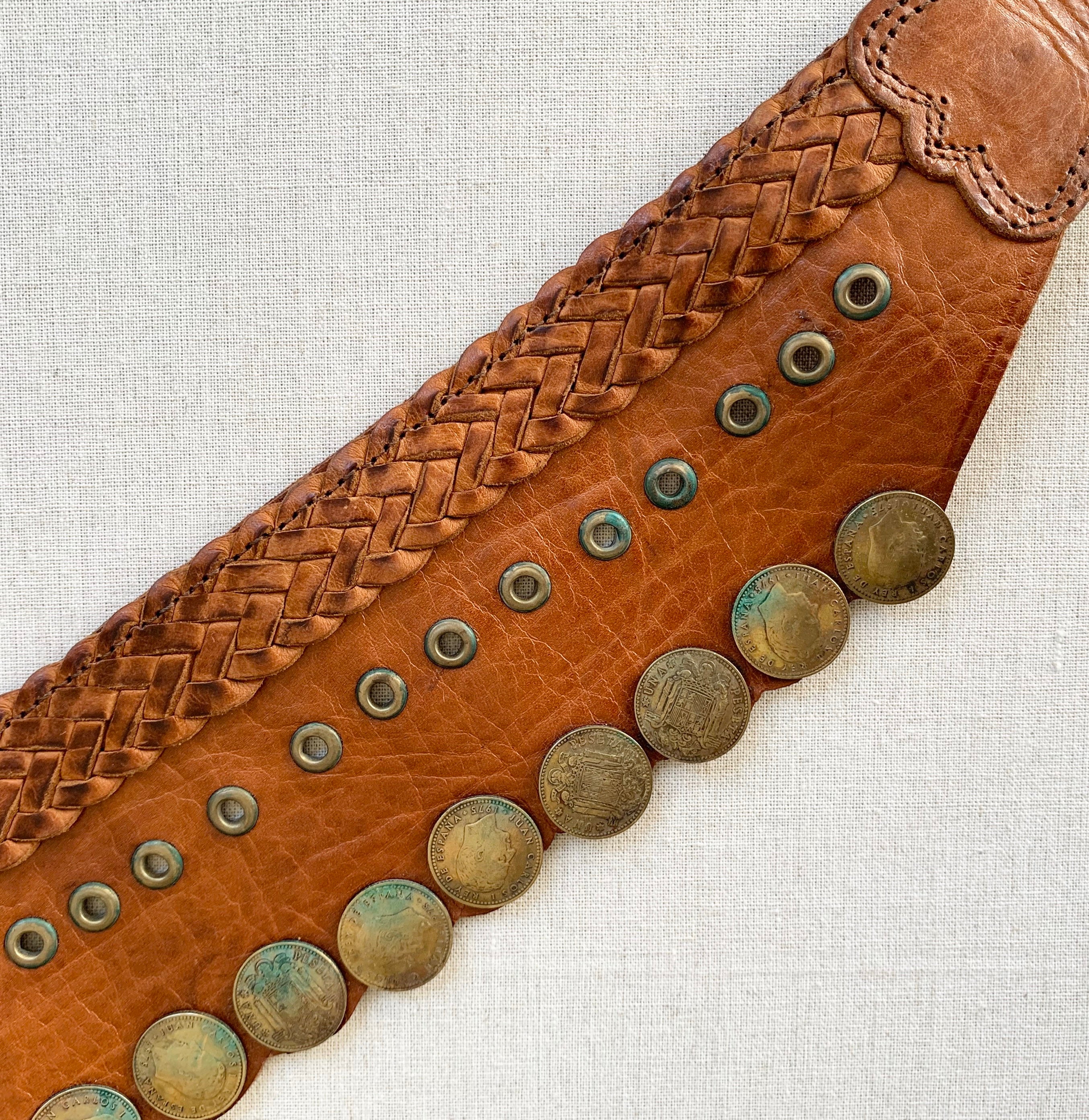 Wide Studded Coin Belt Vintage 70s Distressed Brown Leather Brass Studs ...