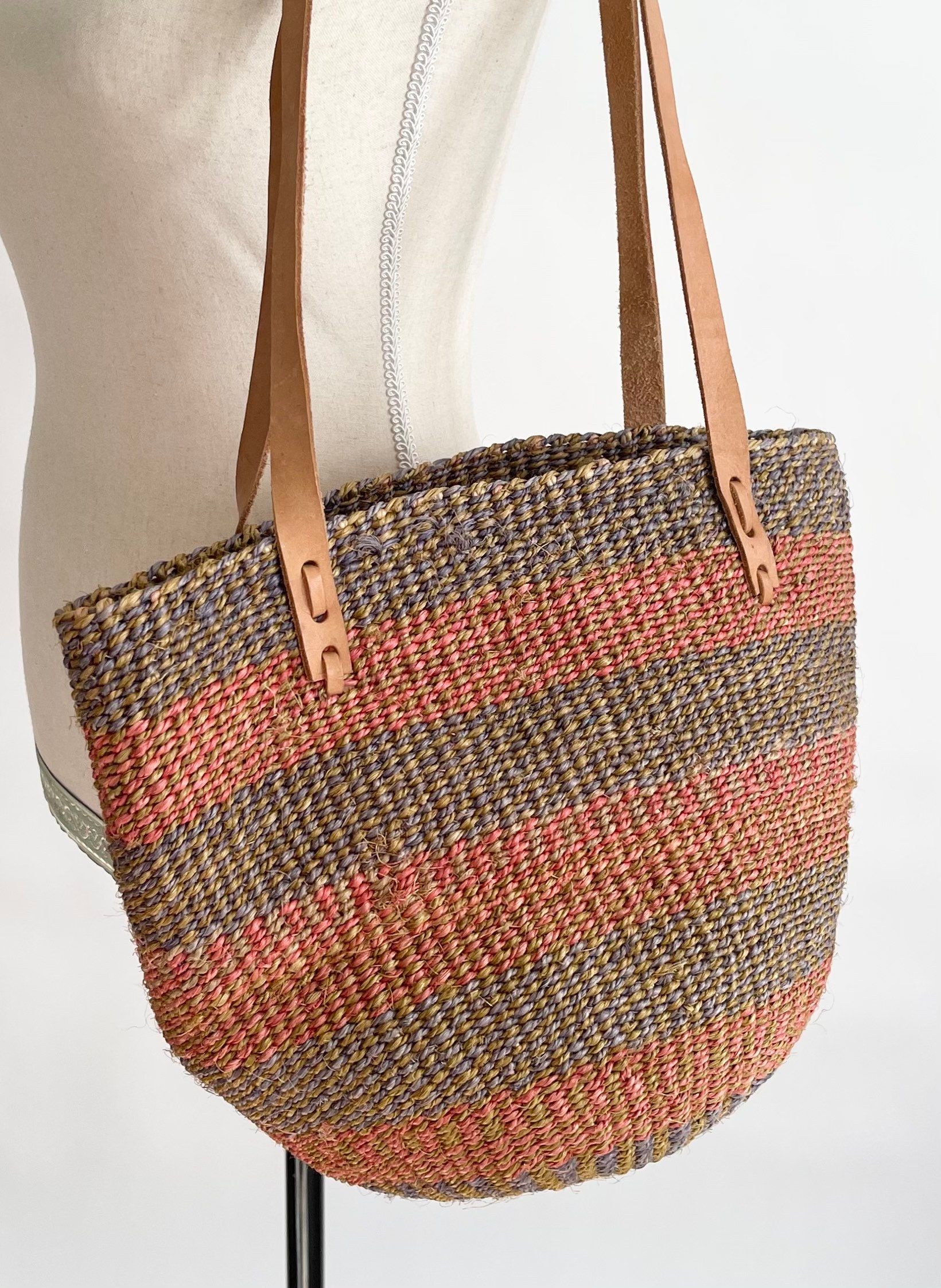 African Sisal Market Bag Purse Made in Kenya Leather Straps Faded ...