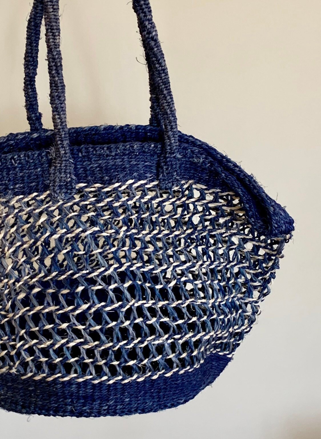 Open Weave Straw Bag Purse Vintage 80's Natural White Blue Woven Summer ...
