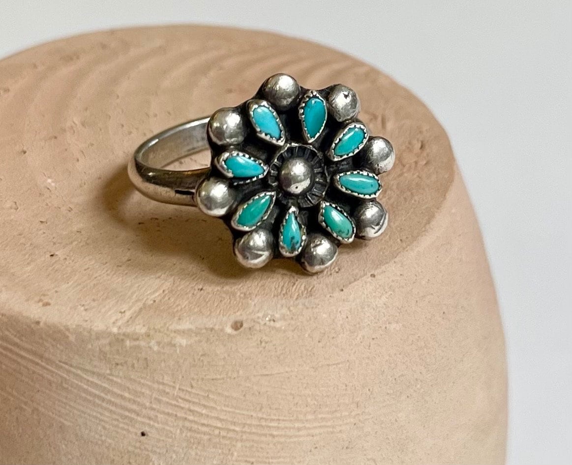 Zuni Turquoise Flower Ring Native American Sterling Silver Delicate ...