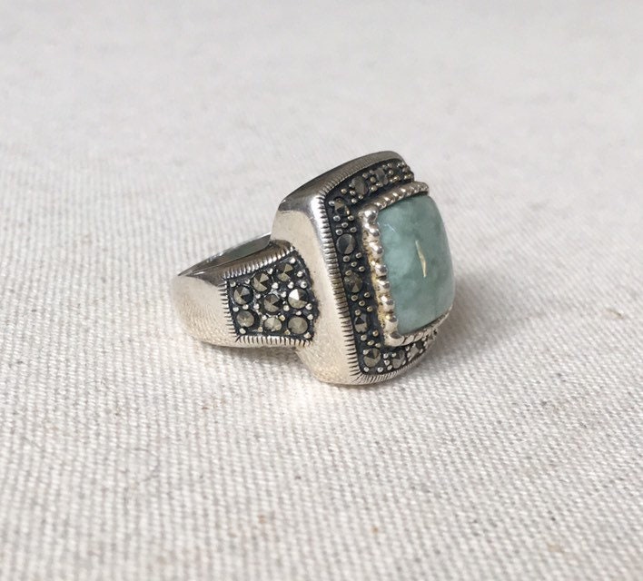 Sterling Silver Jade Ring Vintage Big Statement Rings Green Stone Tiny ...