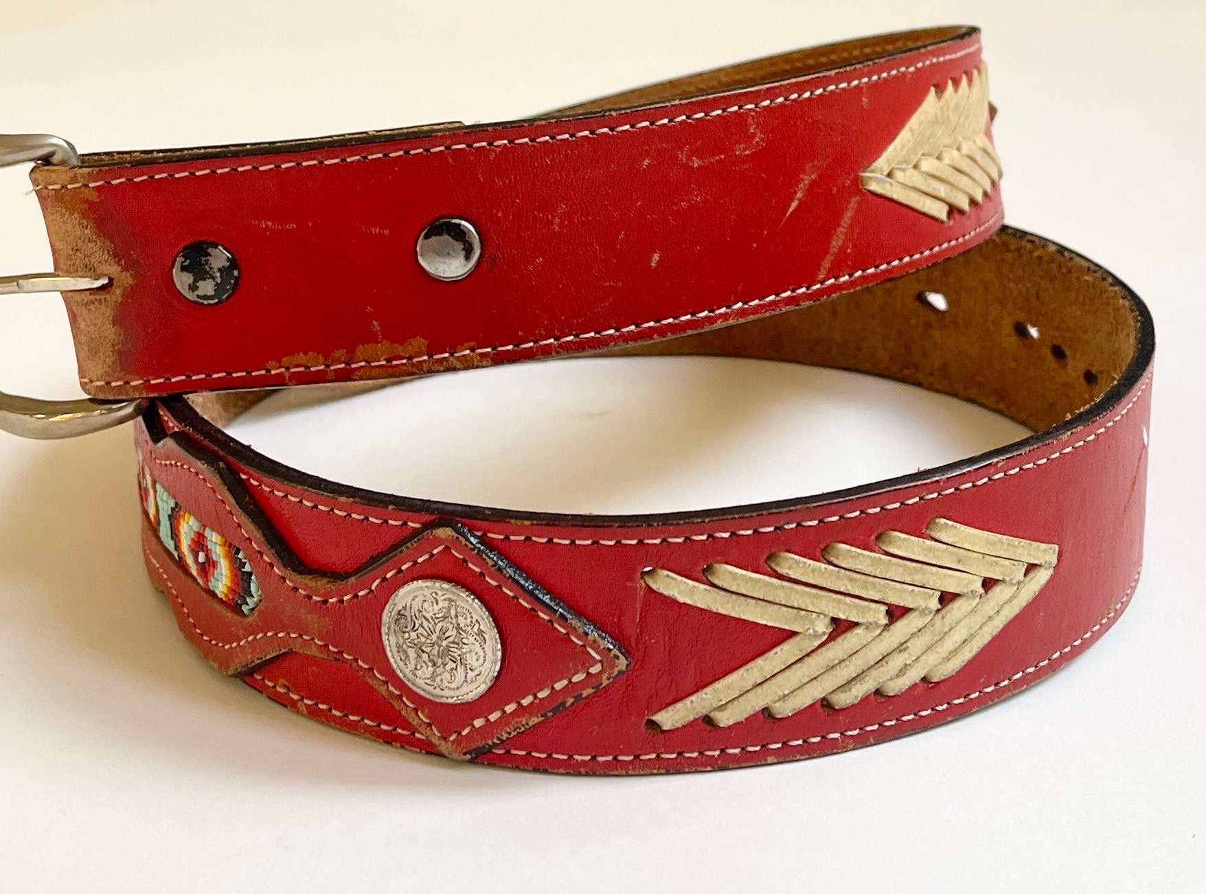 Red Leather Western Belt Vintage Southwest Native American Glass ...