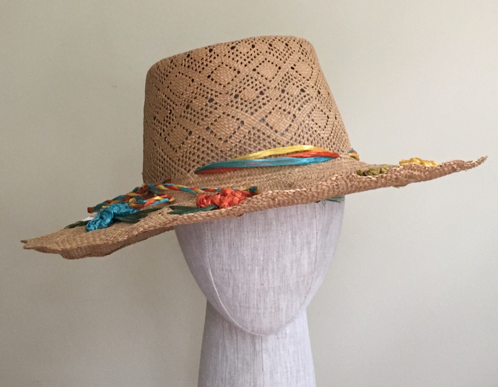 70s Mexican Straw Hat Vintage Sun Boho Beach Wide Brim Embroidered ...
