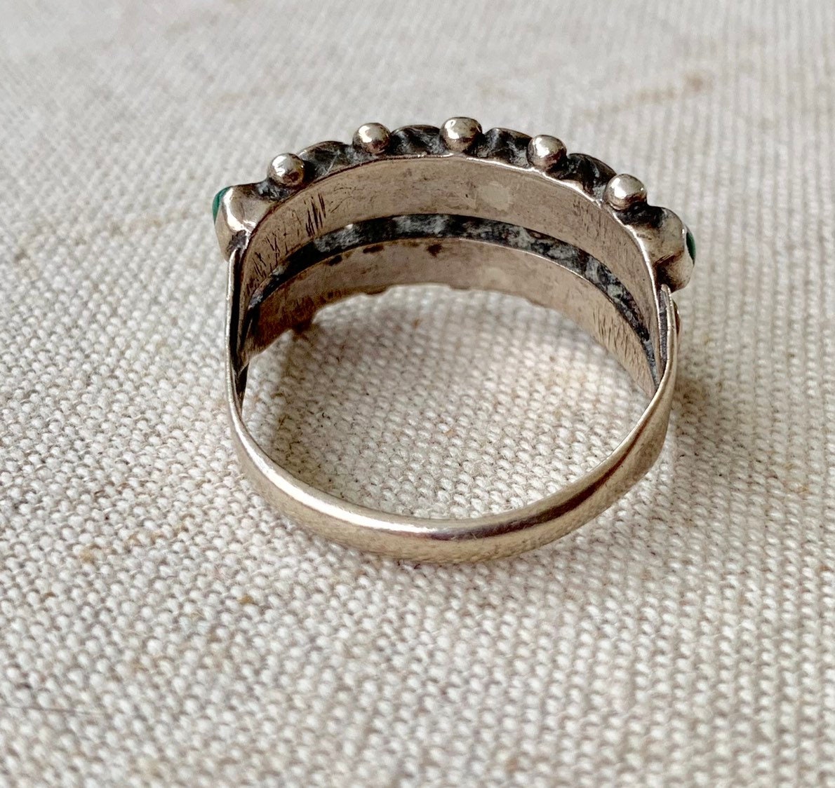 Zuni Turquoise Ring Band Snake Eye Double Row Green Turquoise Sterling ...