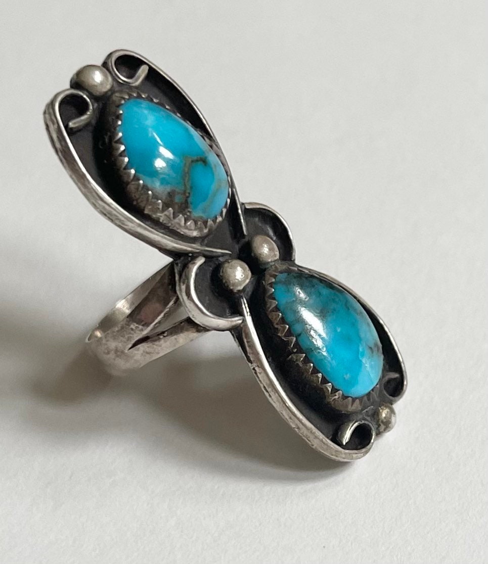 Old Pawn Turquoise Ring Bright Blue Double Two Stones Multi | Etsy