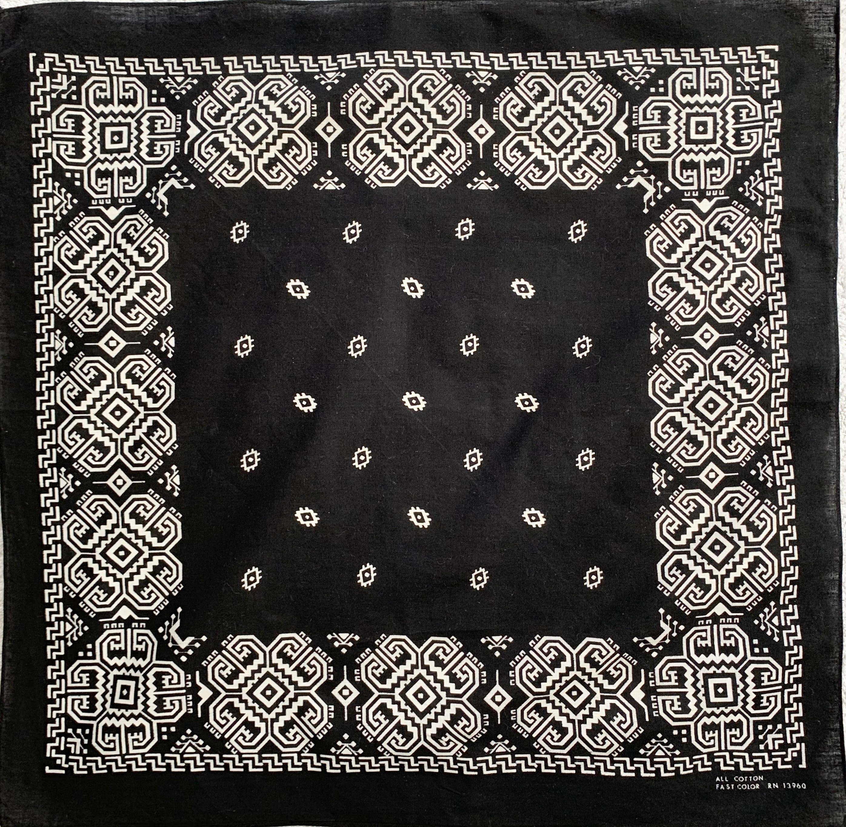 60s Black White Bandana Cotton Bandana Vintage Fast Color Geometric Print