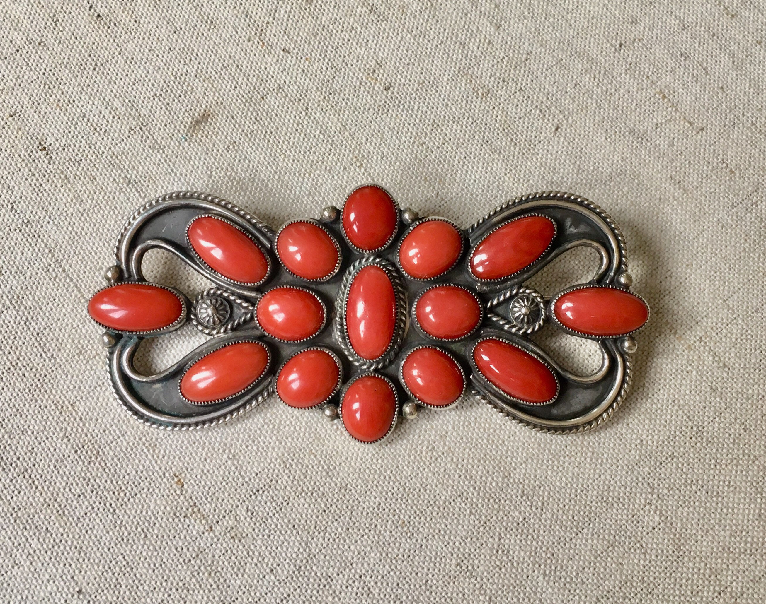 Vintage Red Coral Brooch Pin Calvin Martinez SIGNED Vintage Native ...