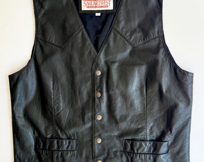 Western Black Leather Vest Vintage Saguaro West Cowboy Rodeo Vest Snap ...