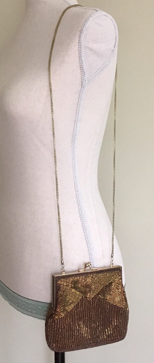 Gold Copper Beaded Purse Evening Purse Bag Handbag Vintage 50s Gold ...