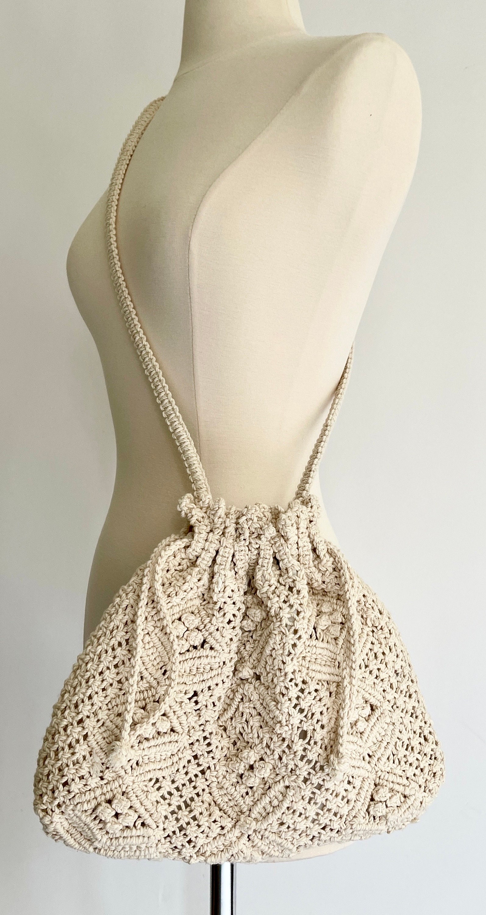 80s Macrame Drawstring Bag Crossbody Purse Vintage Bass Made in ...
