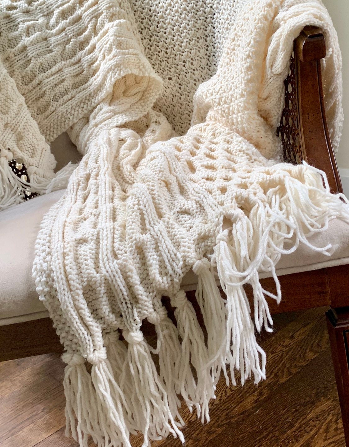 Hand Knit Throw White Natural White Cream Ivory Handmade Vintage Cable ...