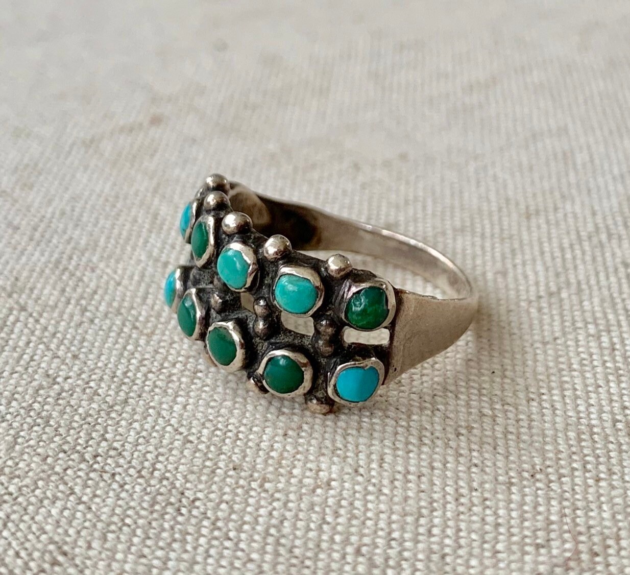 Zuni Turquoise Ring Band Snake Eye Double Row Green Turquoise Sterling ...