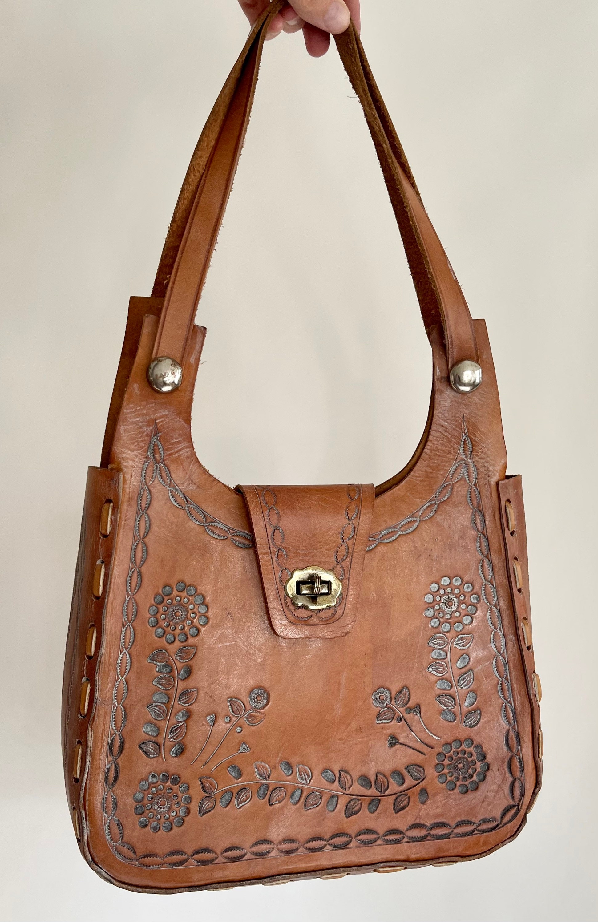 Floral Tooled Leather Bag Purse Handcrafted Hand Tooled Vintage Tan ...