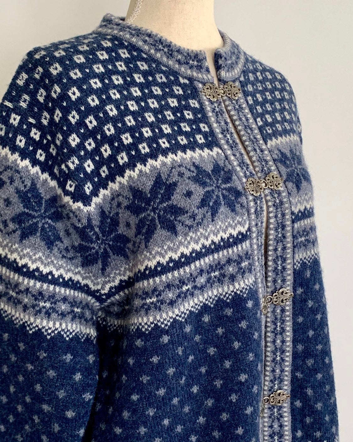 Wool Ski Sweater Nordic Style Cardigan Vintage Skyr Blue Natural White ...