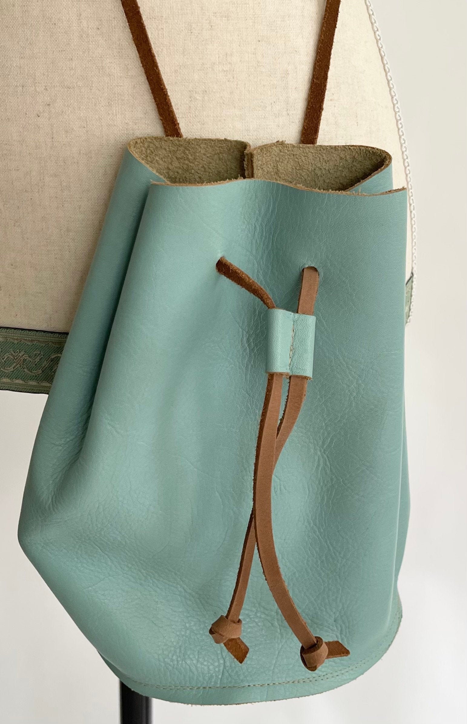 Turquoise Leather Bucket Bag Purse Drawstring Closure Vintage Handmade ...
