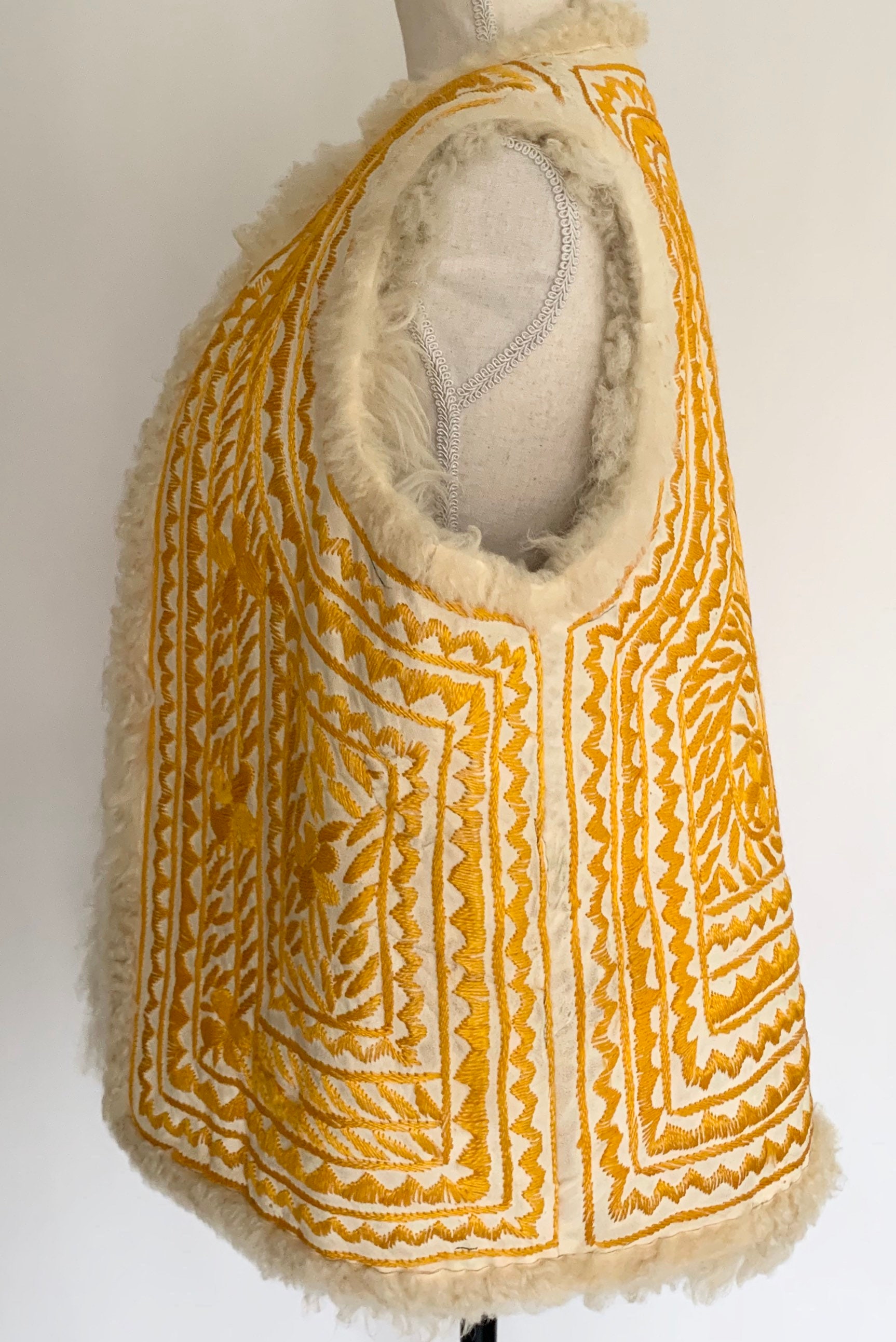 Boho Shearling Sheepskin Vest with Gold Embroidery Vintage 60s 70s ...