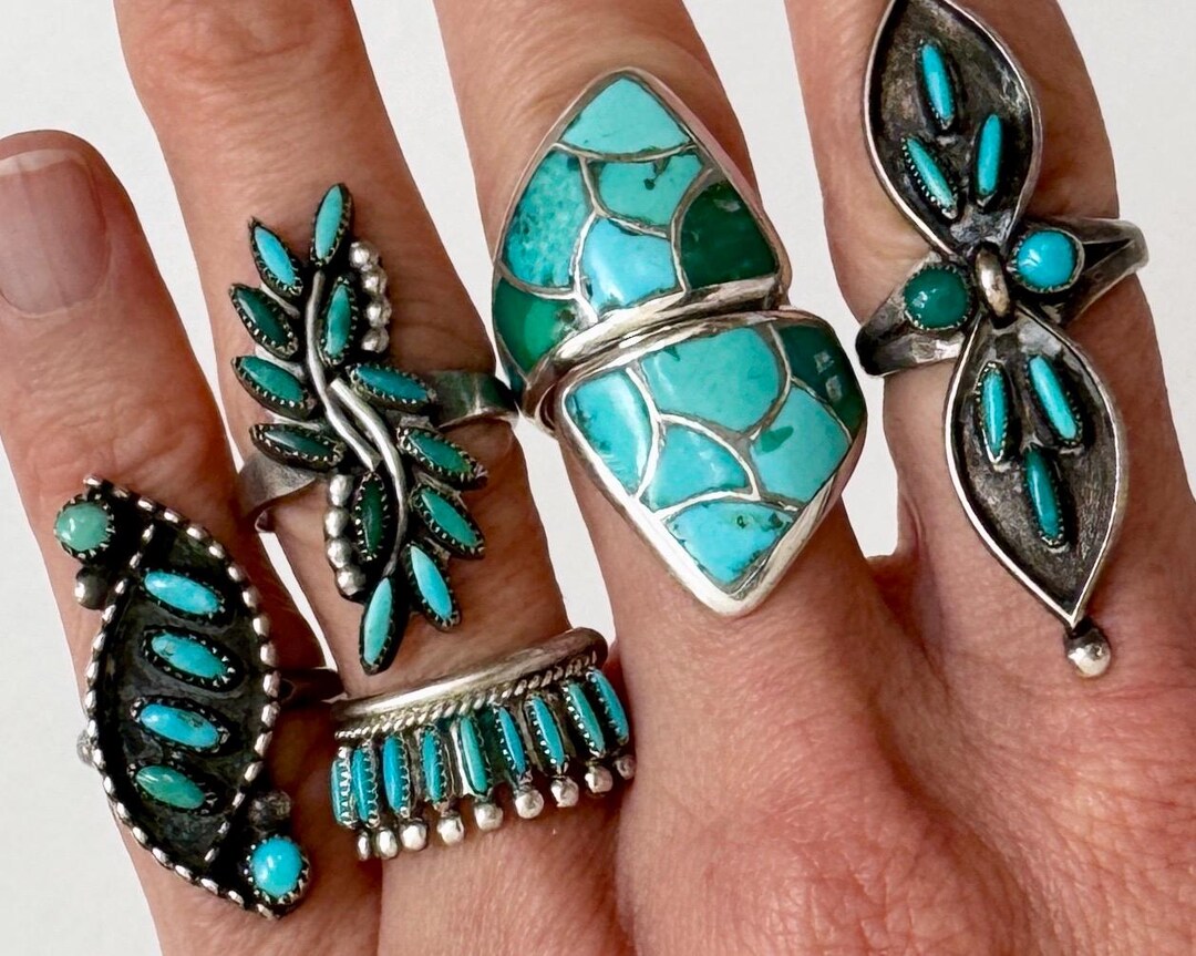 Vintage Zuni Turquoise Ring Sterling Silver Petit Point Needlepoint ...