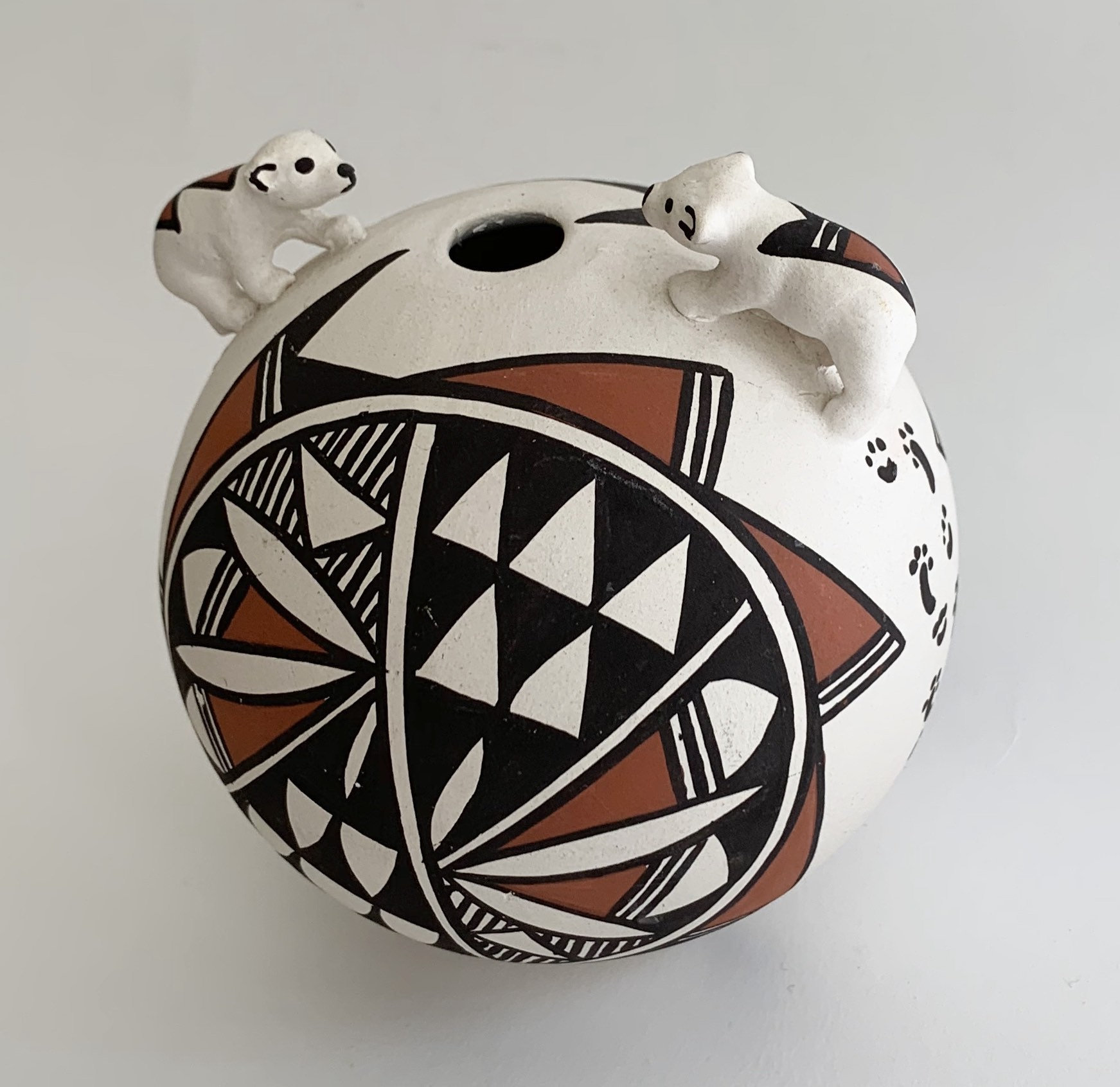 RESERVED Acoma Pottery Round Pot Bear Figurine Handmade Handpainted New ...