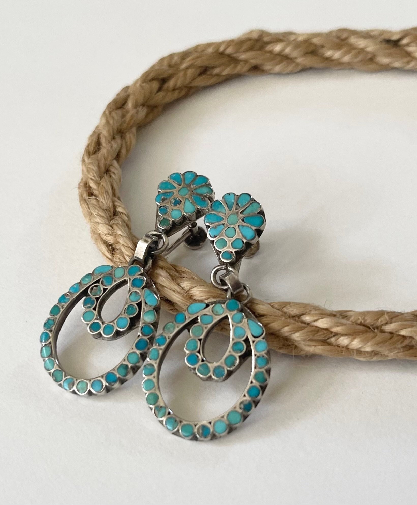 Antique Dishta Turquoise Earrings 1.875 Drop Dangle Style Vintage ...