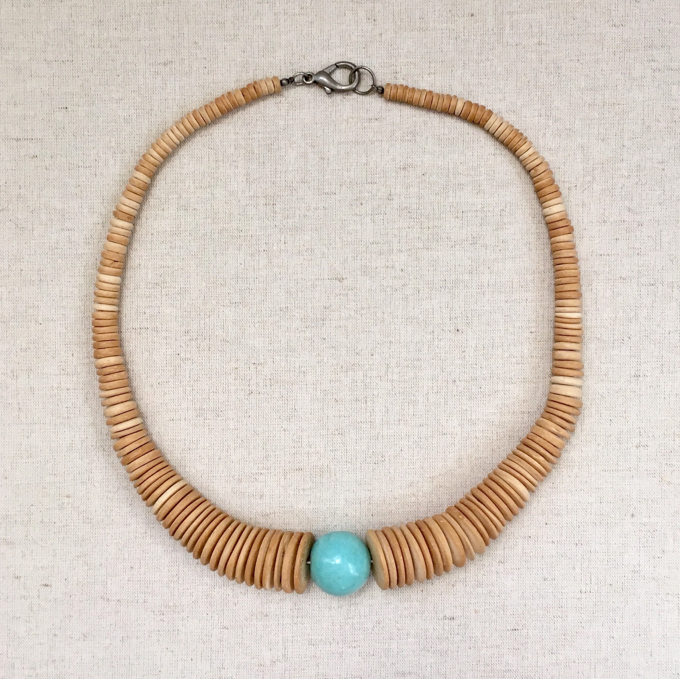 70s Wood Bead Necklace Graduated Disk Aqua Blue Bead Detail Big ...