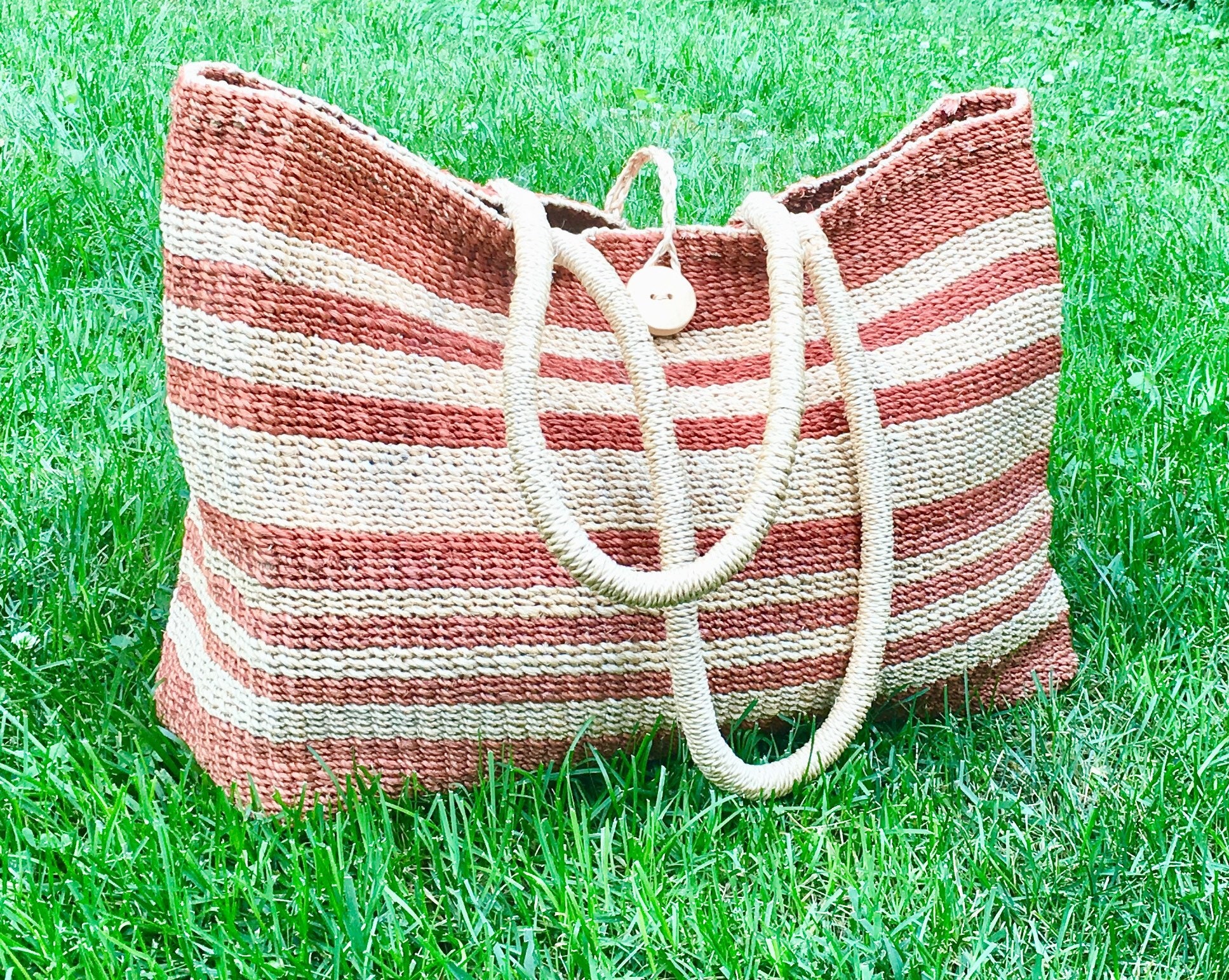 Large Woven Straw Bag Vintage Beige Striped Sea Grass Sisal Beach Bag ...