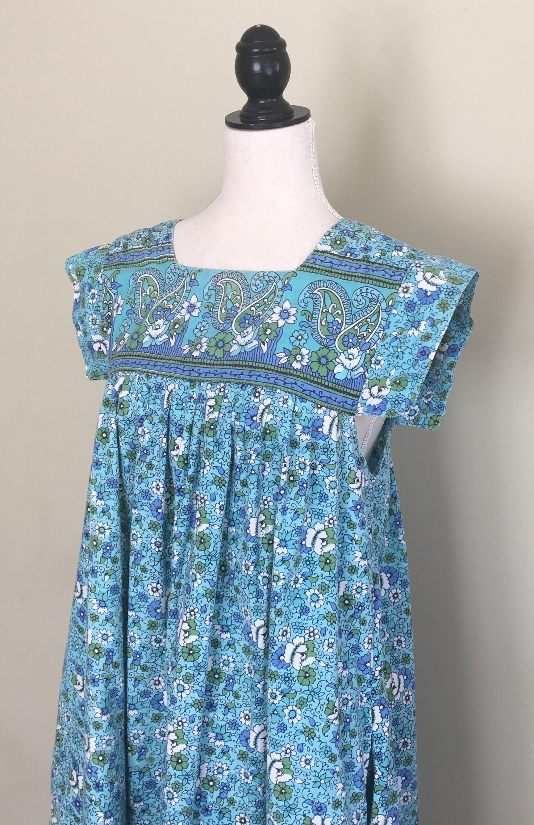 Indian Cotton Boho Dress Vintage 70s Turquoise Blue Cotton Boho Beach ...