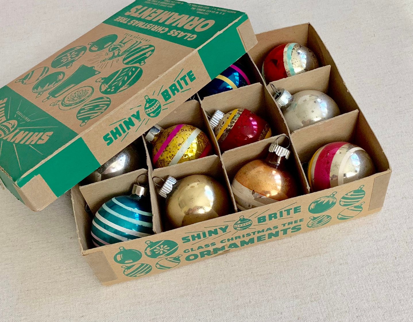 Small Shiny Brite Ornaments Glass Bulbs Lot of 12 in Box Striped Silver ...