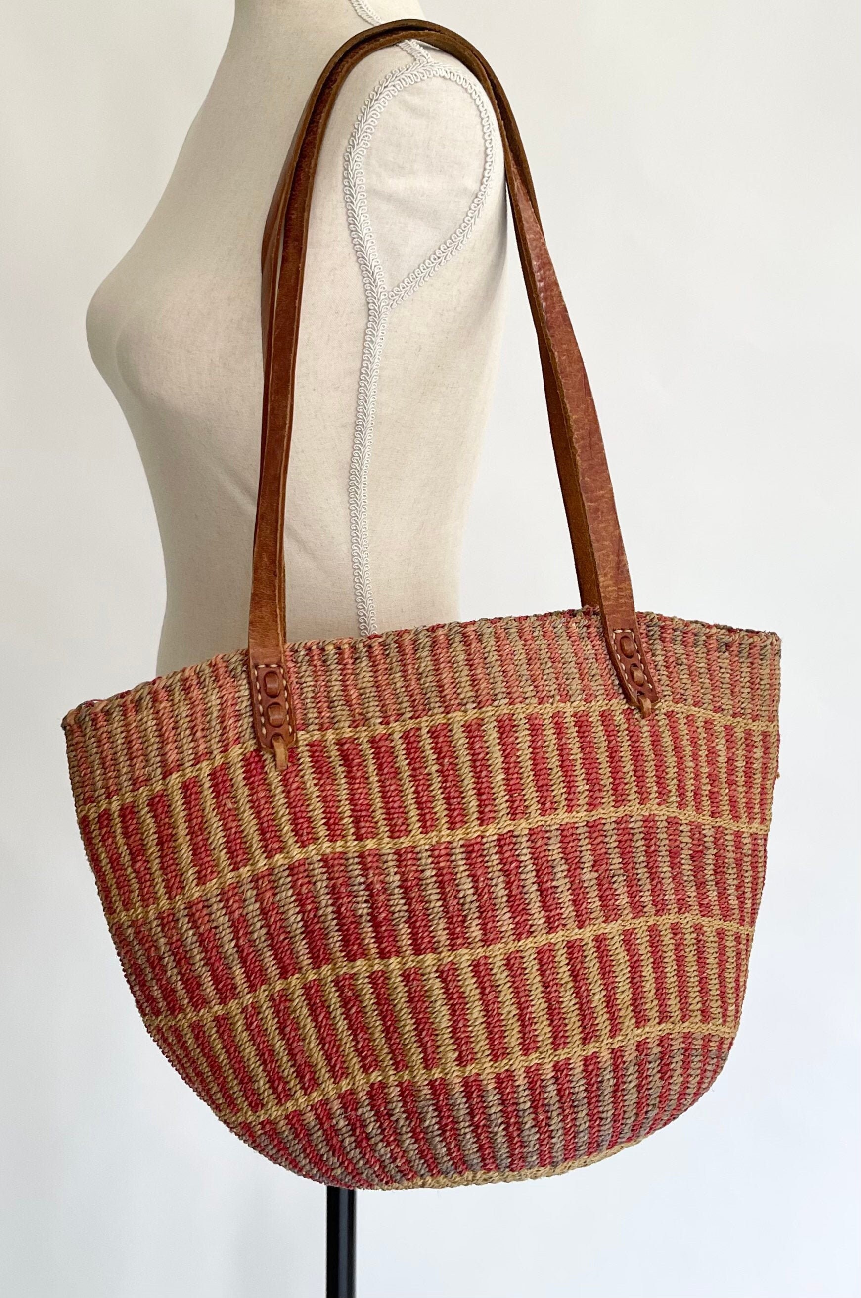 Faded Sisal Market Bag Leather Straps Neutral Faded Beige Blush Pink ...