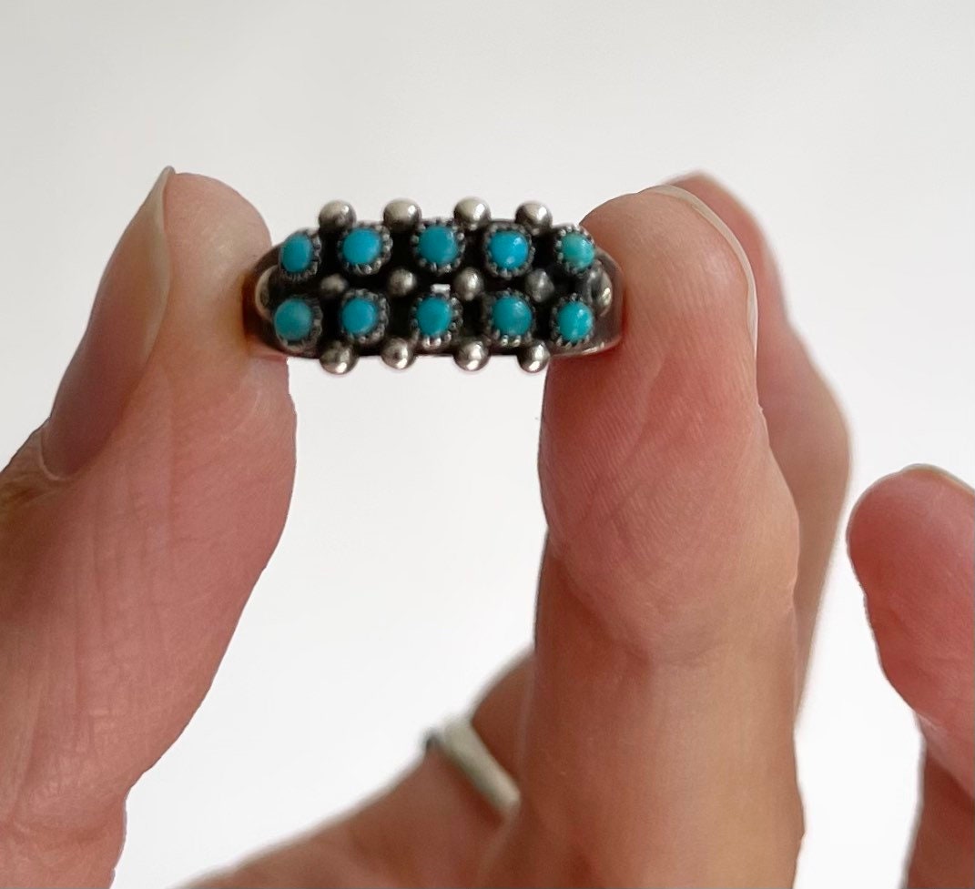 Zuni Turquoise Ring Band Snake Eye Double Row Green Turquoise Sterling ...