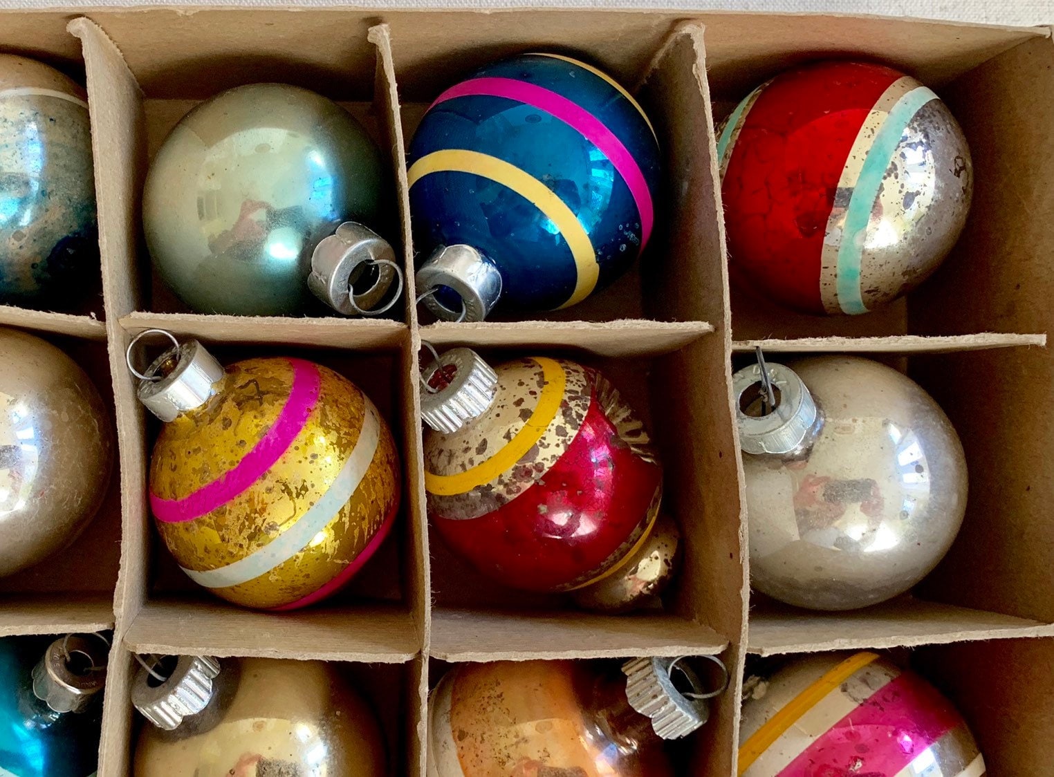 Small Shiny Brite Ornaments Glass Bulbs Lot of 12 in Box Striped Silver ...
