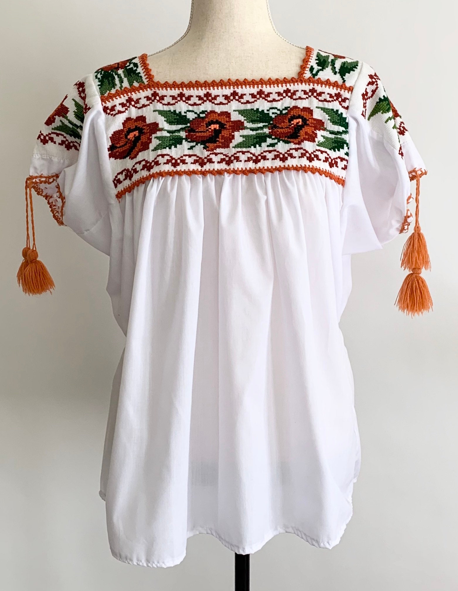 Embroidered Mexican Tunic Top Vintage White Cotton Blend Floral ...