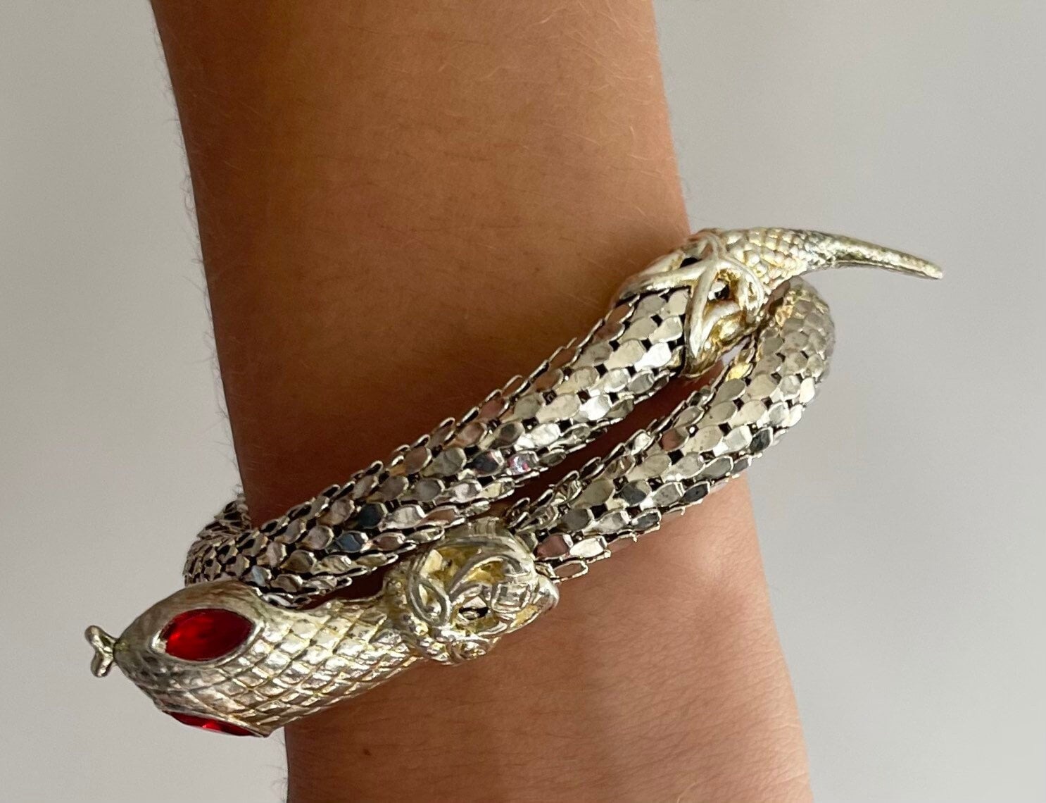 Mesh Coiled Snake Bracelet Wrap Vintage Silver Tone Metal Mesh Red Eyes ...