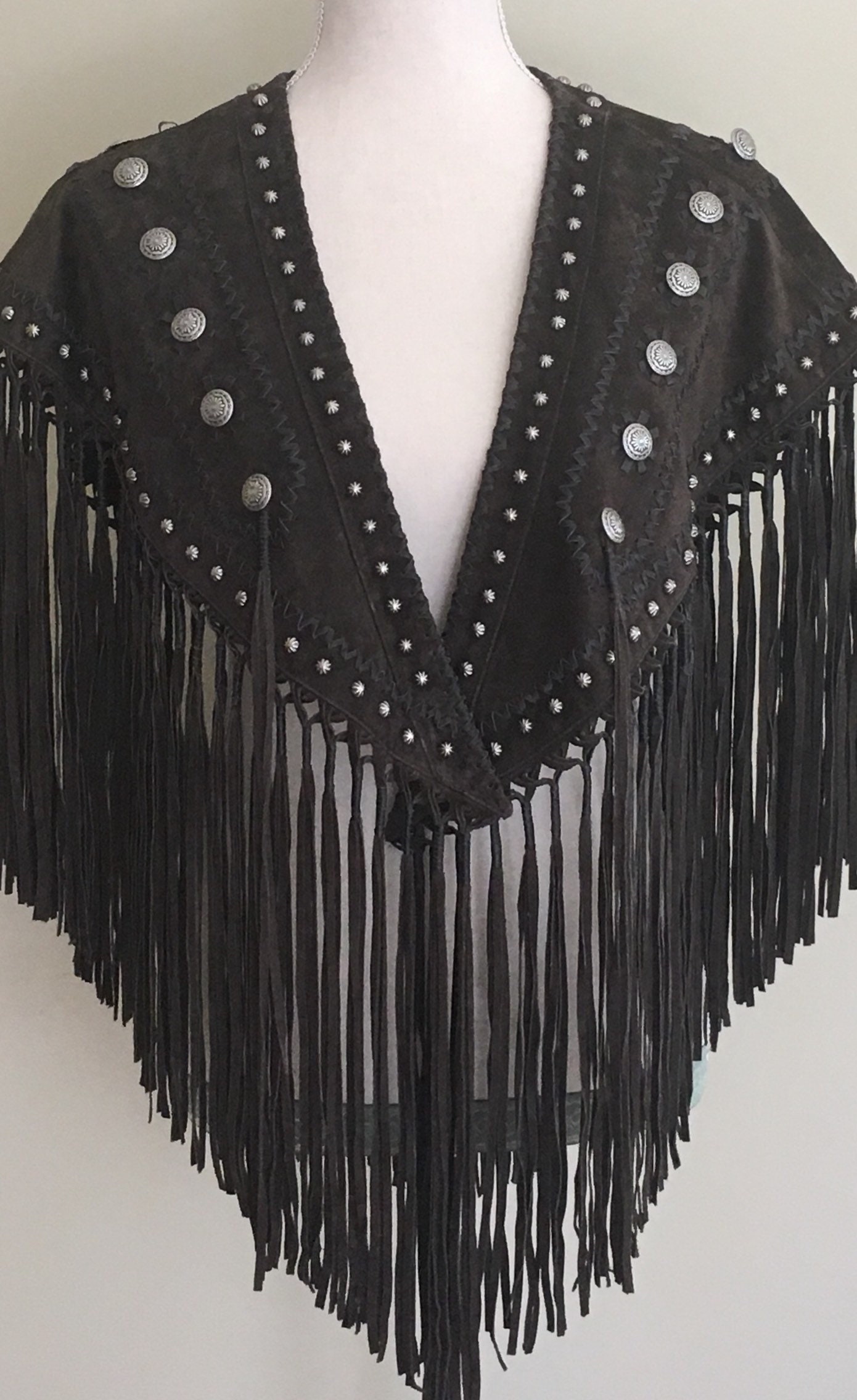 Western Suede Fringe Poncho Vintage Chocolate Brown Concho Detail ...
