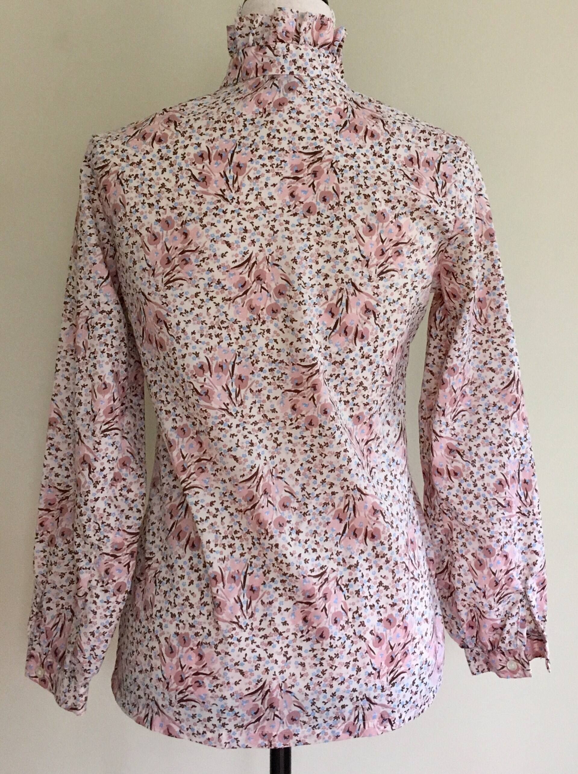 Vintage 70s Blouse Floral Print Pink Flowers Ruffle High Collar Neck ...