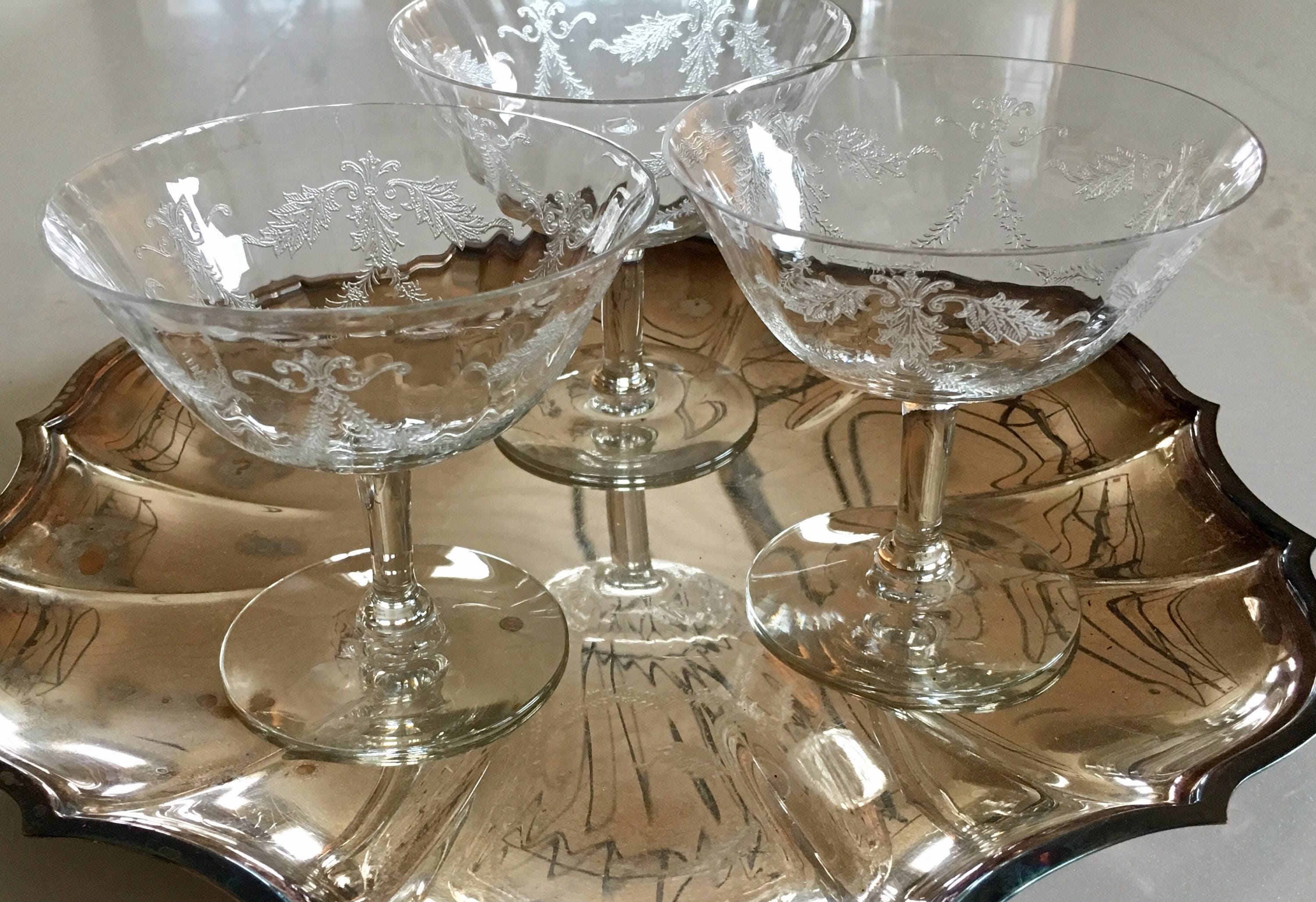 Vintage Champagne Glasses Flutes Set of 5 Coupes Dessert Etched Glass ...
