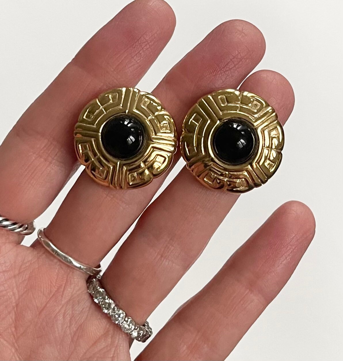 Signed Givenchy Gold Earrings Vintage Signature Logo Design Black Stone ...