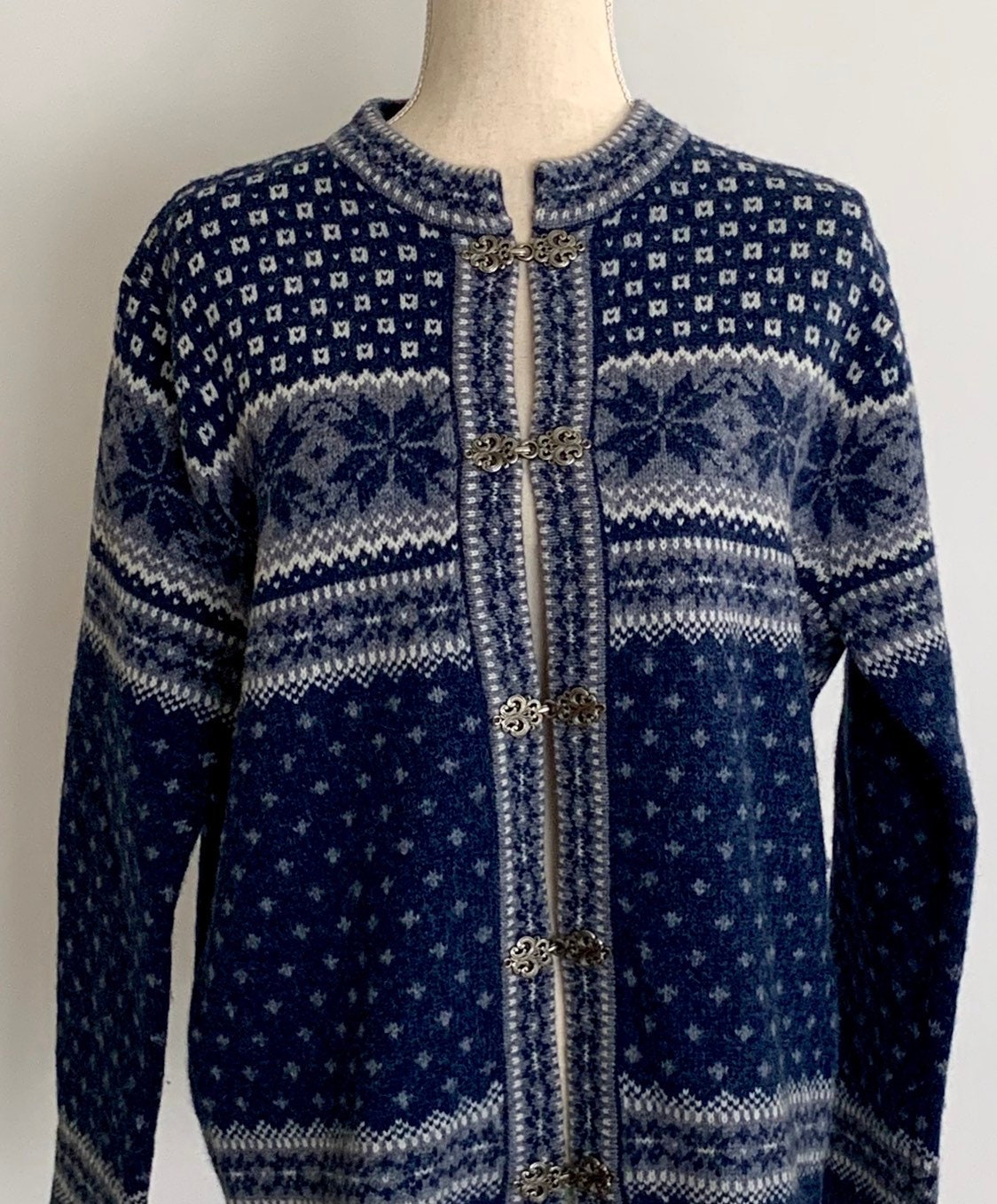 Wool Ski Sweater Nordic Style Cardigan Vintage Skyr Blue Natural White ...