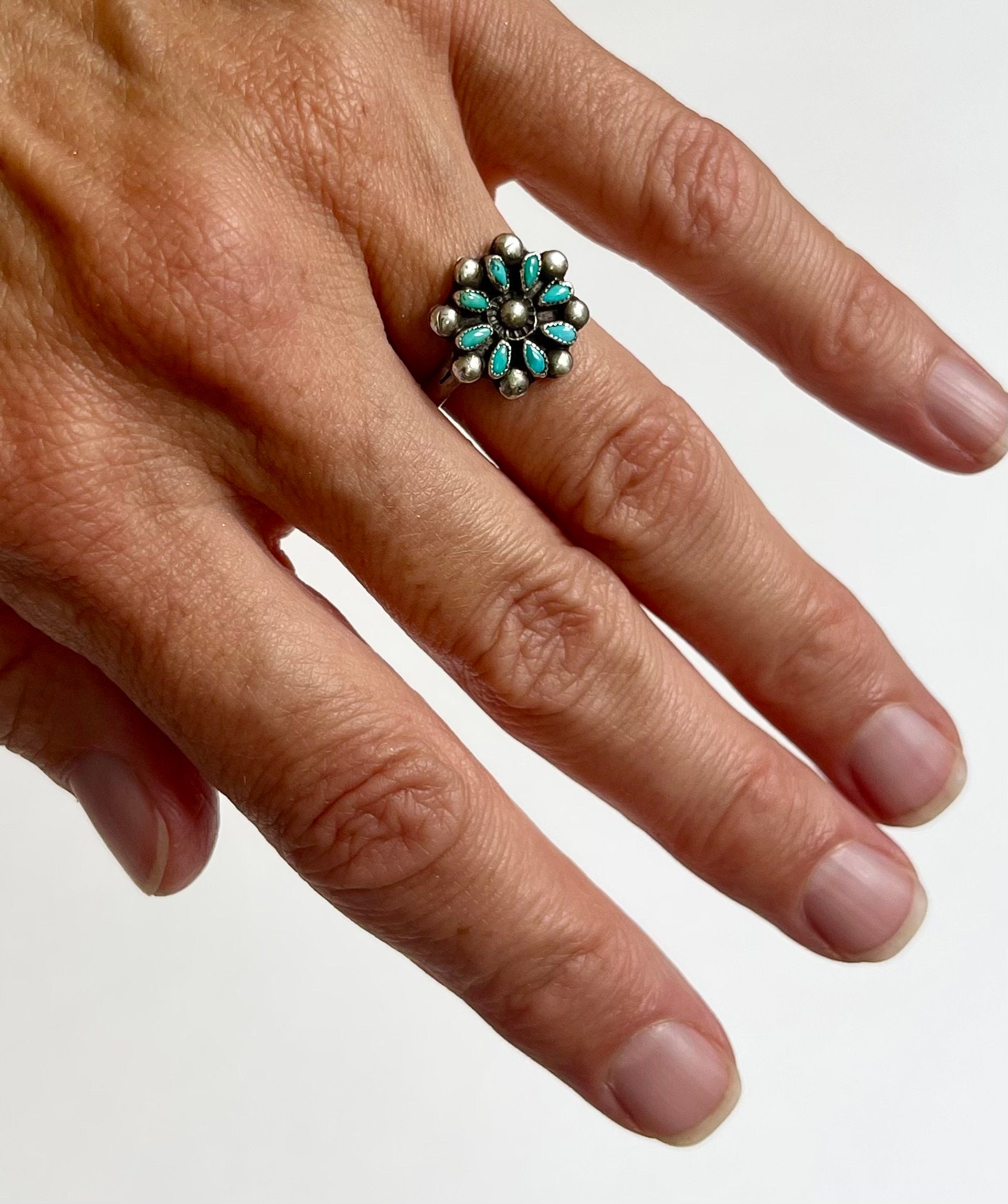 Zuni Turquoise Flower Ring Native American Sterling Silver Delicate ...