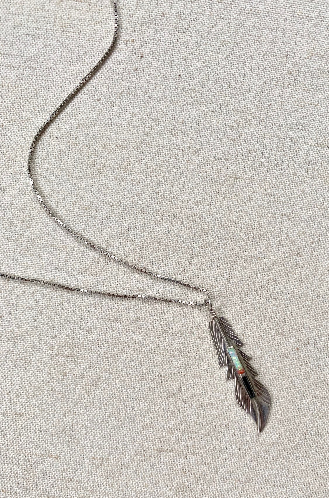 Navajo Feather Pendant Necklace Sterling Silver Opal Coral Black Onyx ...